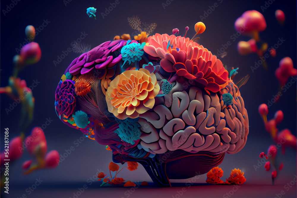 Beautiful abstract brain with flowers concept, contemporary colors and ...