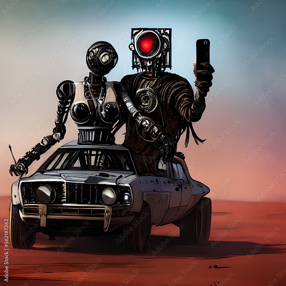 Robot couple posing for cell phone selfie on a car in desert dystopian ...