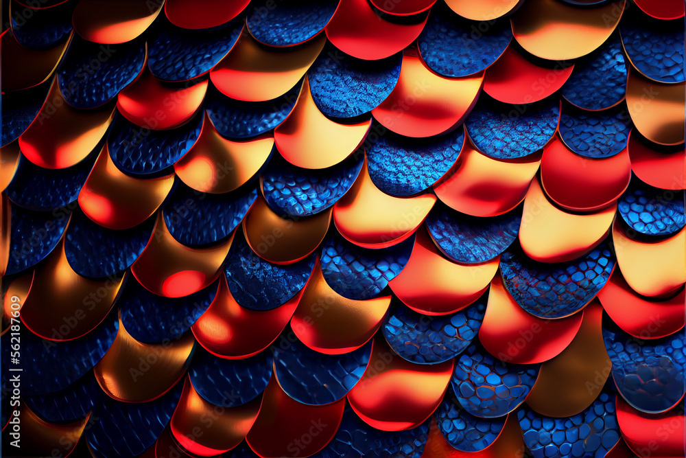 Abstract Blue and Gold and Red Fish Scales background. Generative ai ...