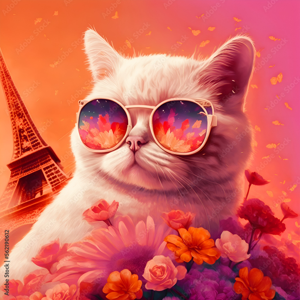 Ai generated white furry cat with sunglasses and flowers in Paris Stock ...