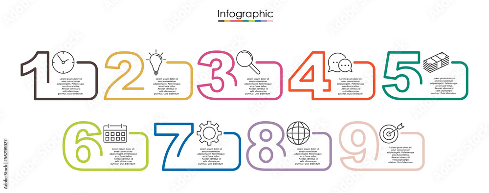 Vector infographic template with nine steps or options. Illustration ...