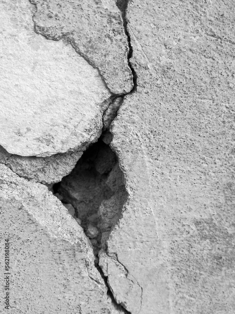 Big winding deep crack on old wall, abstract image of cleft with ...