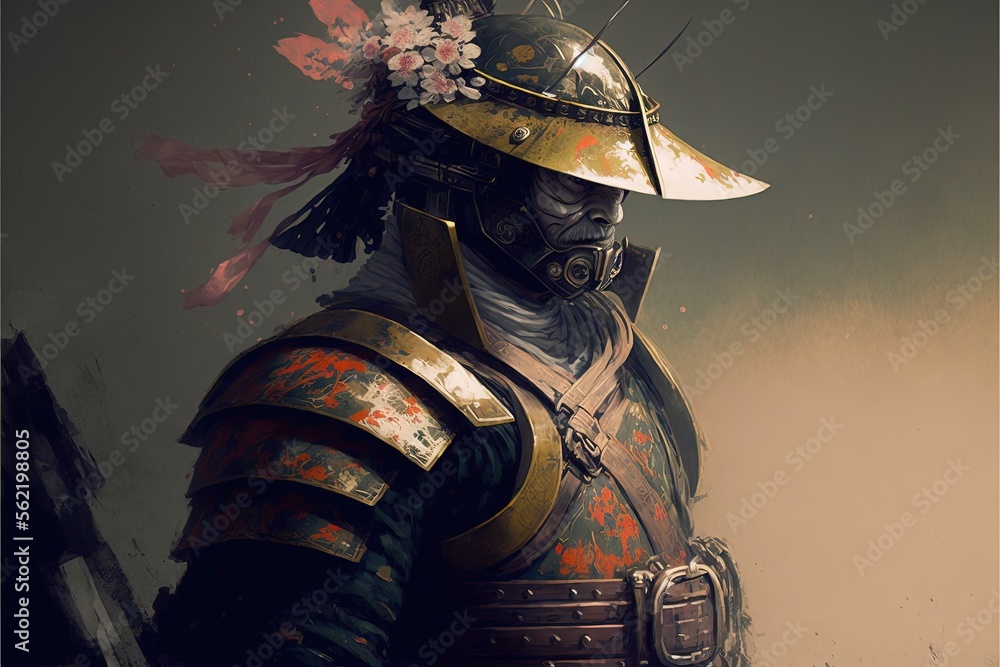 Samurai warrior painting with armor, background. AI digital ...