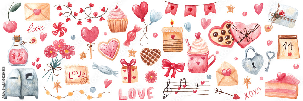 Big watercolor set of design elements for Valentines day. Cute ...