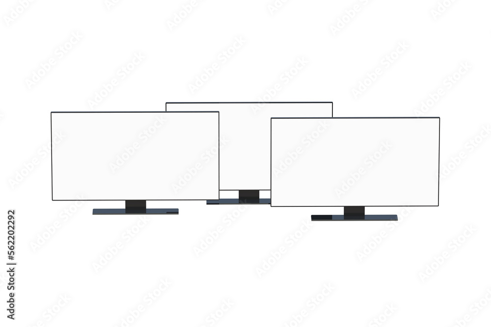Three flat wide TV with white screen isolated on white background. 4k ...