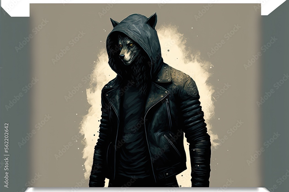 Werewolf with leather jacket, frightening look. Digital illustration ...