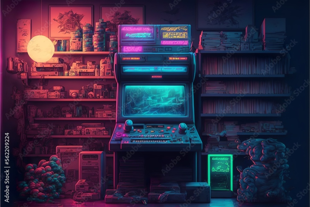 Arcade machines in cyberpunk synthwave style in 80s illustration Stock ...
