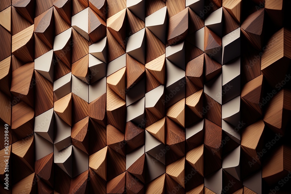 Diamond-cut wood mosaic tiles set in a wall pattern; smooth finish; A ...