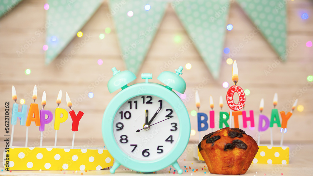 Happy birthday greeting card with muffin pie and retro clock on clock ...