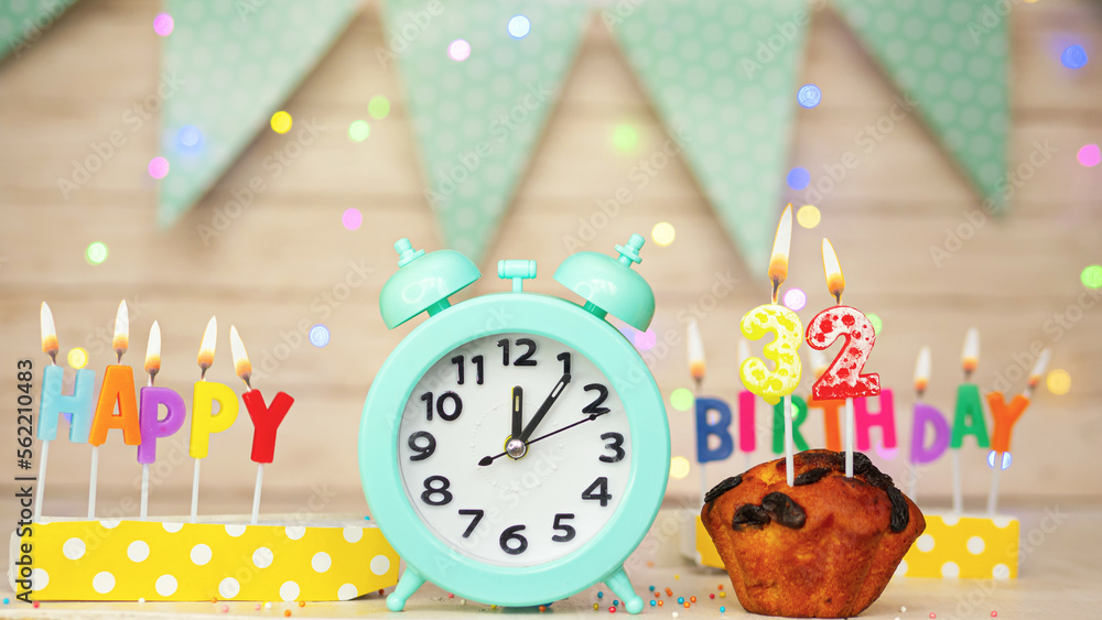 Happy birthday greeting card with muffin pie and retro clock on clock ...