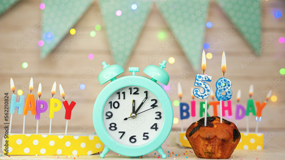 Happy birthday greeting card with muffin pie and retro clock on clock ...