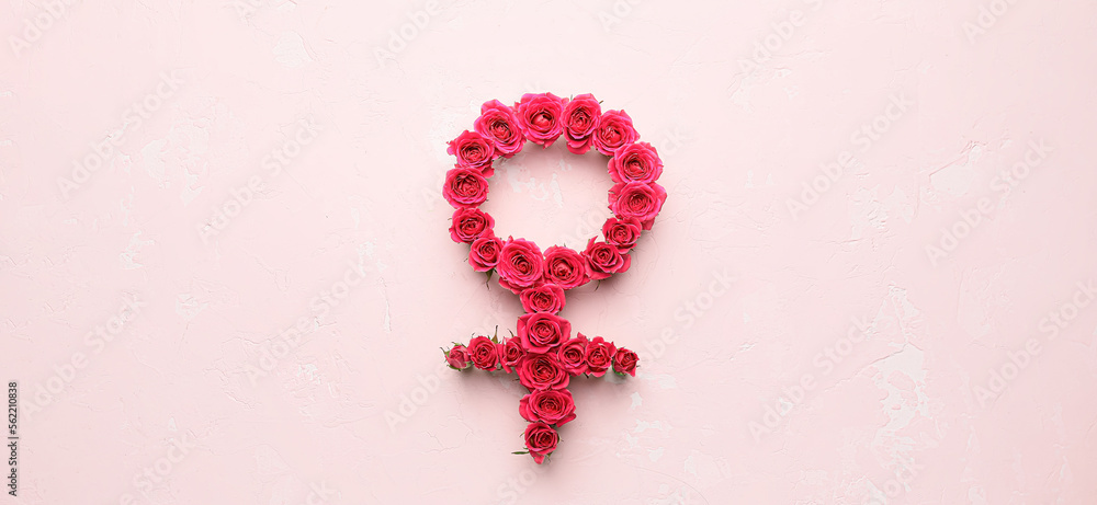 Symbol of woman made of rose flowers on light pink background. Concept ...