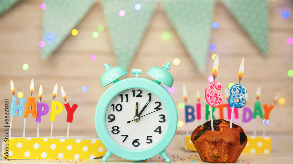 Happy birthday greeting card with muffin pie and retro clock on clock ...