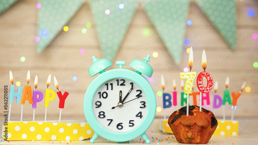 Happy birthday greeting card with muffin pie and retro clock on clock ...