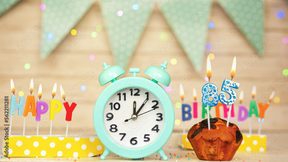 Happy birthday greeting card with muffin pie and retro clock on clock ...