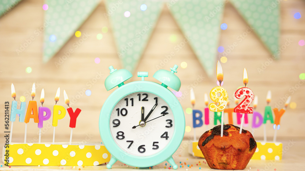 Happy birthday greeting card with muffin pie and retro clock on clock ...