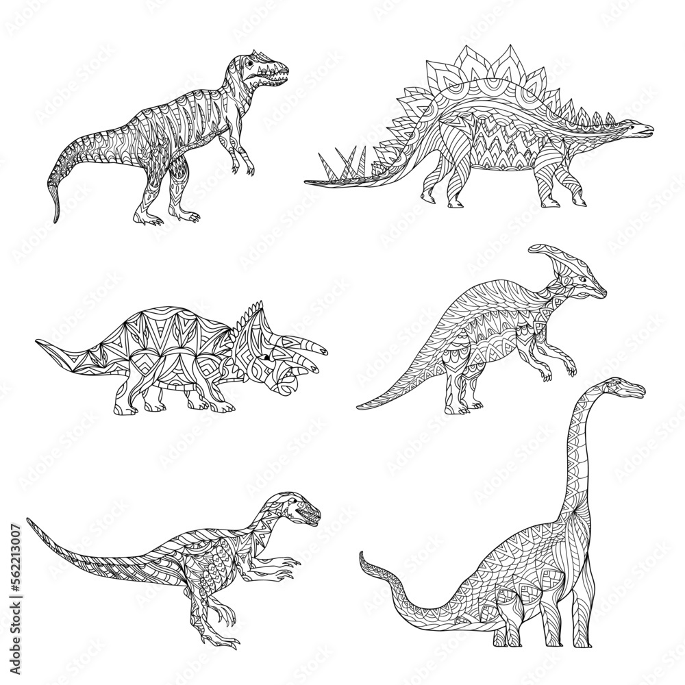 Hand drawn ceratosaurus, stegosaurus, parasaurolophus, janenschia ...
