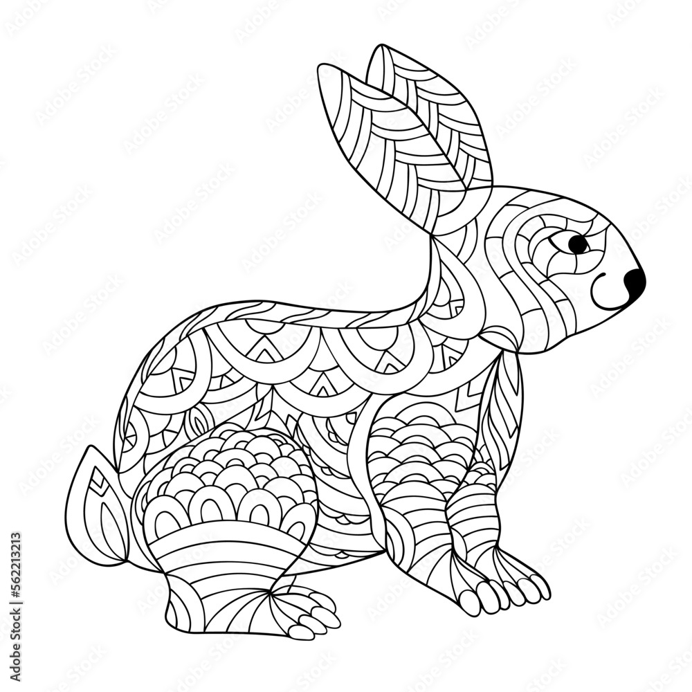 Hand drawn spring rabbit. Coloring book page antistress of baby bunny ...