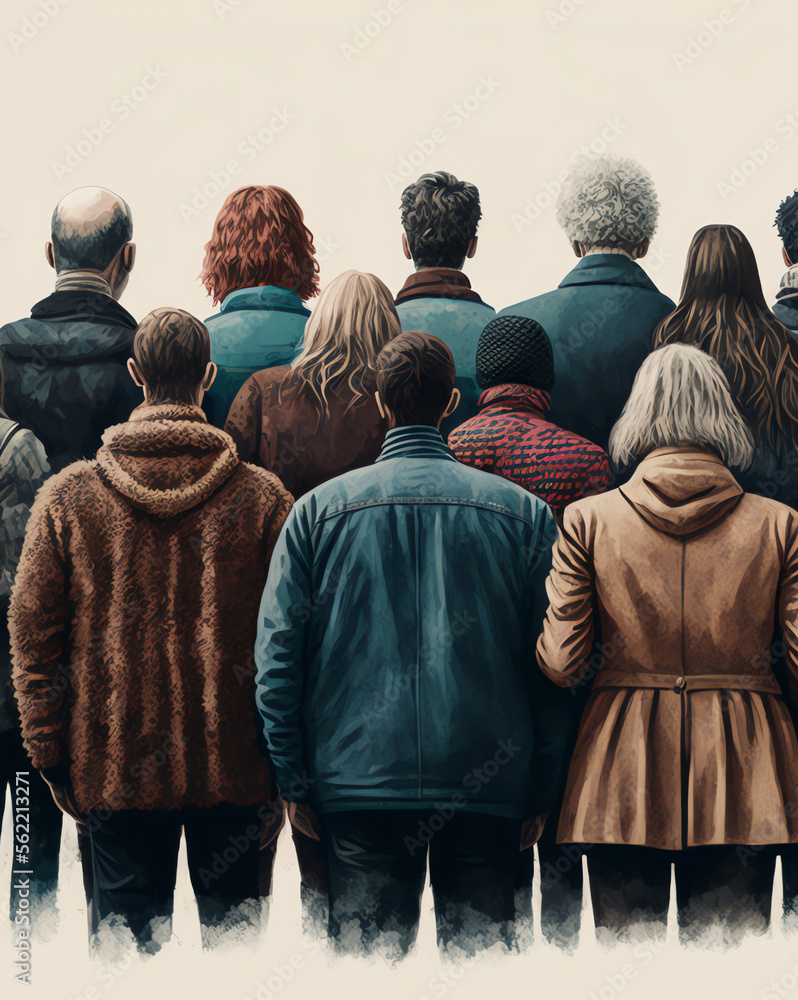 An illustration of a large group of people walking forward. Back view ...