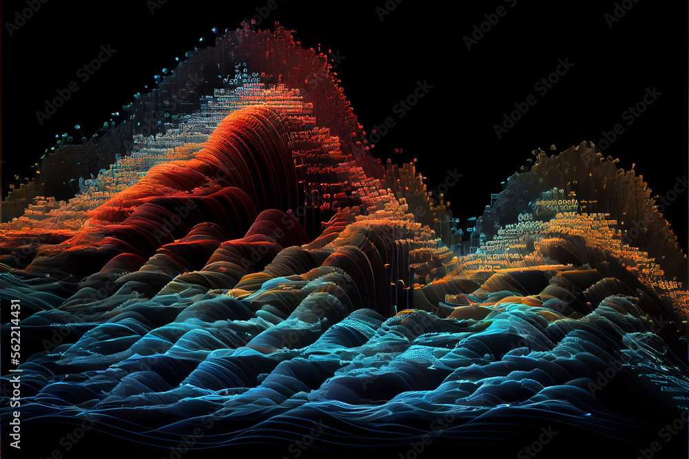 Big data visualization. Waves in a digital binary code structure. Abstract stream information ...