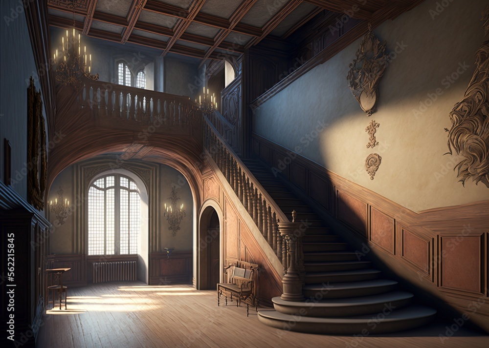 Grand staircase and hall on the inside of a castle from the Middle Ages ...