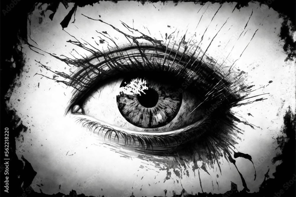 a drawing of an eye with paint splatters on it and a black and white ...