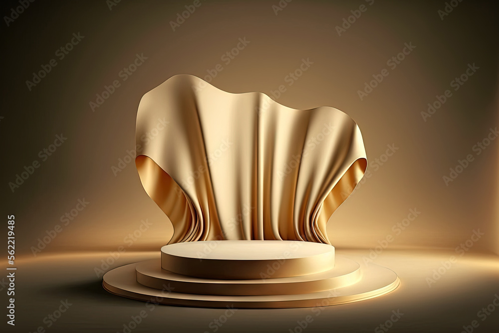 Golden cloth design stage on grungy floor display backdrop with ...