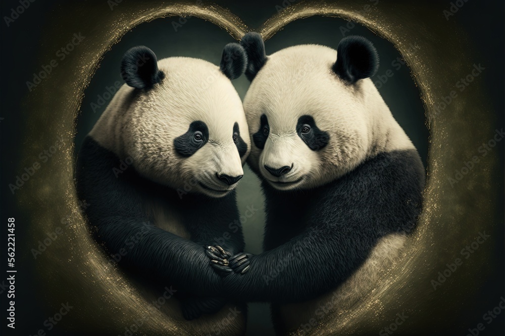 two panda bears are standing in a heart shaped frame together, with ...