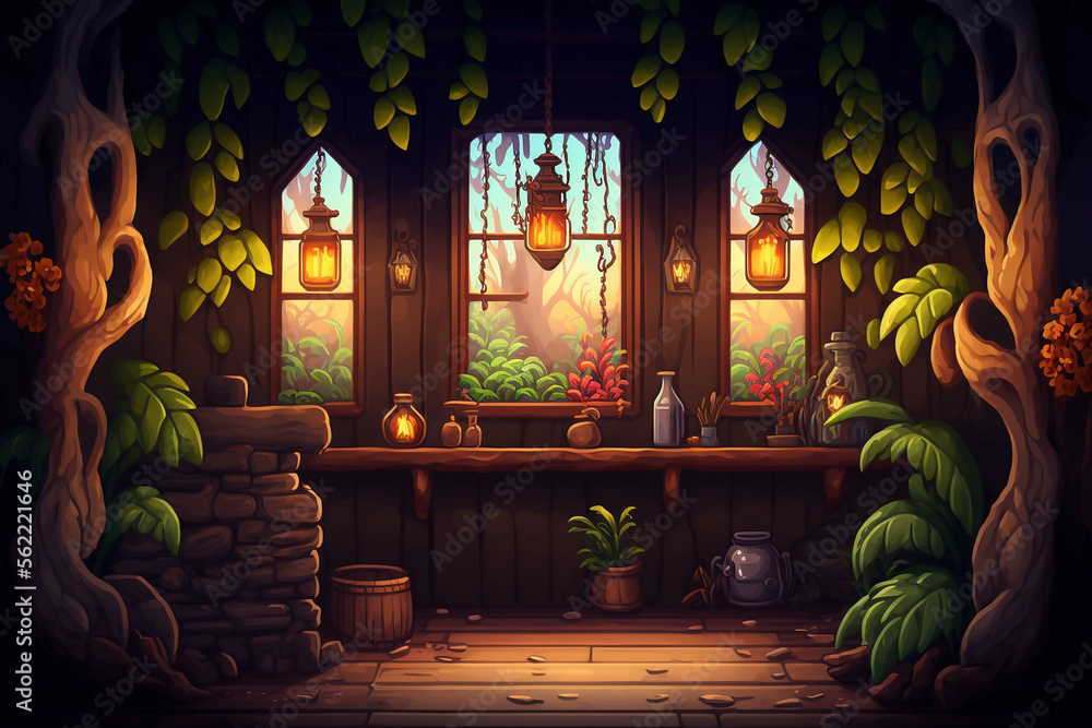 Beautiful fantastic background, location with wooden buildings, and ...