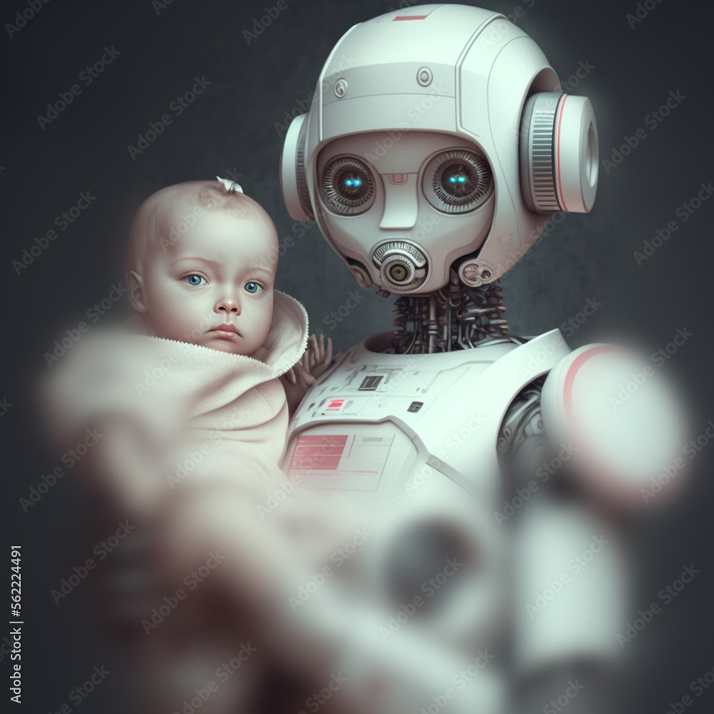a female looking robot babysitting a baby, humanoid android robot with ...