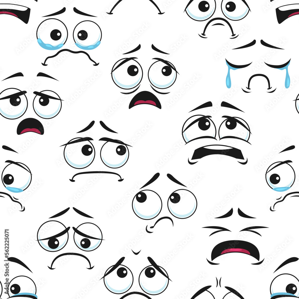 Sad and crying cartoon faces seamless pattern. Vector background with ...