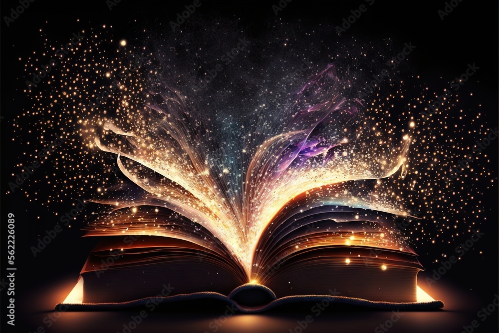an open book with glowing pages and a bookmark in the middle of it ...