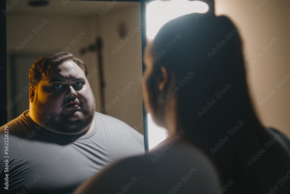 a young woman looks at herself in the mirror and an overweight man ...
