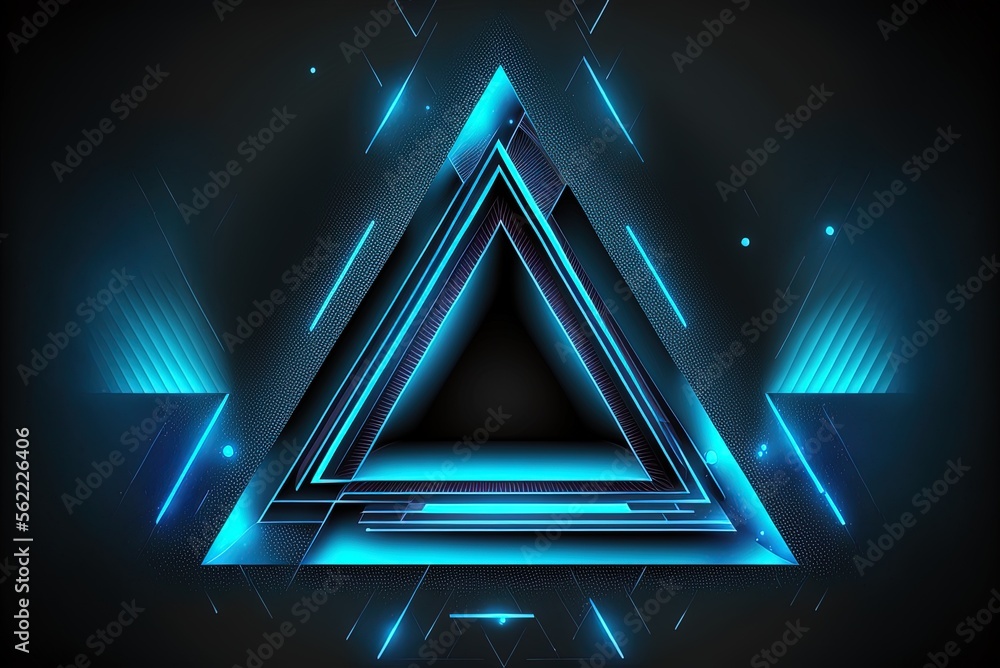 Triangular pyramids illuminate a neon high-tech surface. Banner of ...