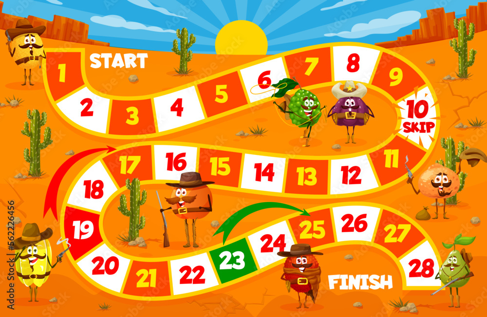 Kids step board game, Western cartoon cowboy, bandit and ranger fruit ...