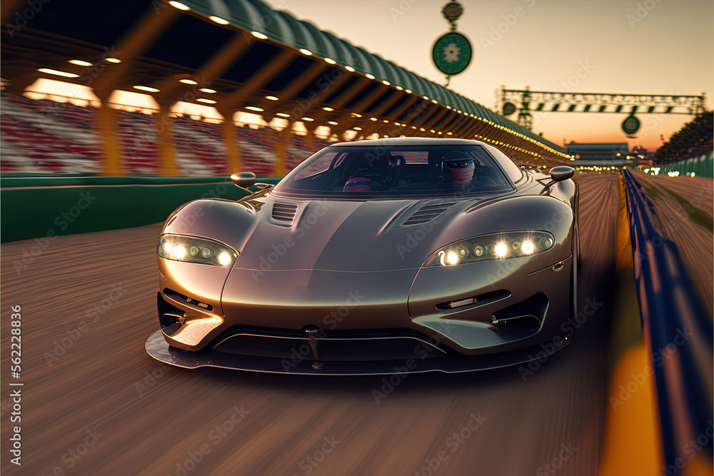 a silver sports car driving down a race track at sunset or dawn with ...