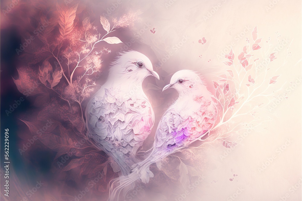 two white birds sitting on top of a tree branch together with leaves on ...