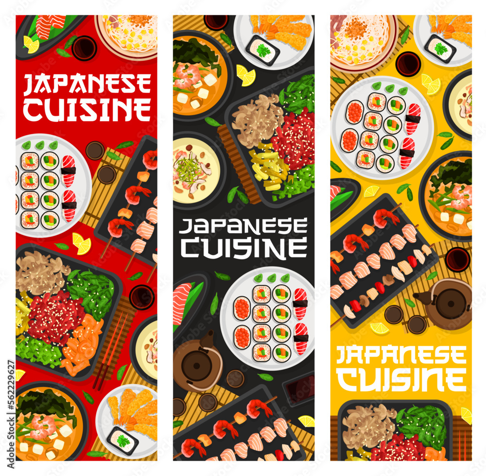 Japanese cuisine meals banners, Japan food and Asian dishes, vector ...