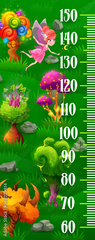 Kids height chart ruler, fairy characters in magic forest. Vector ...