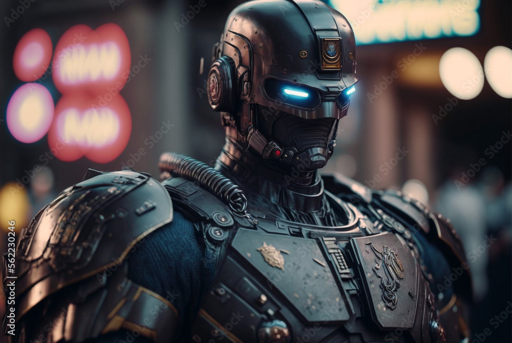 grim looking robot as police officer or security guard watches ...