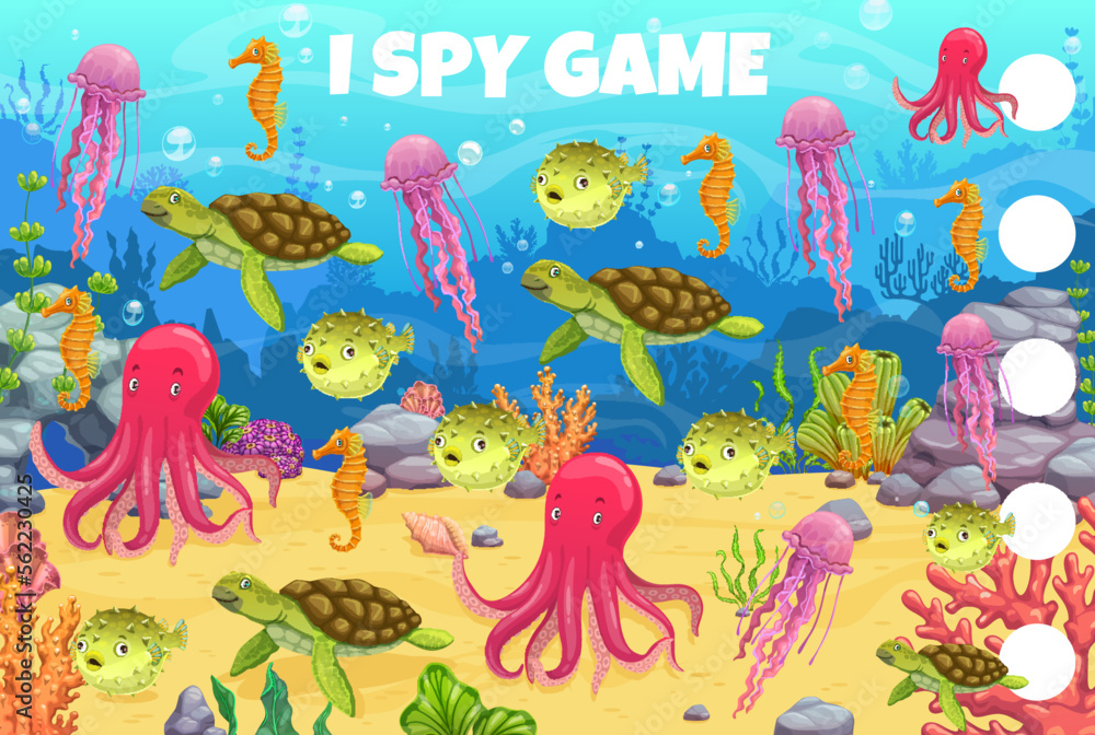 I spy game cartoon underwater landscape and animals. Kids vector ...