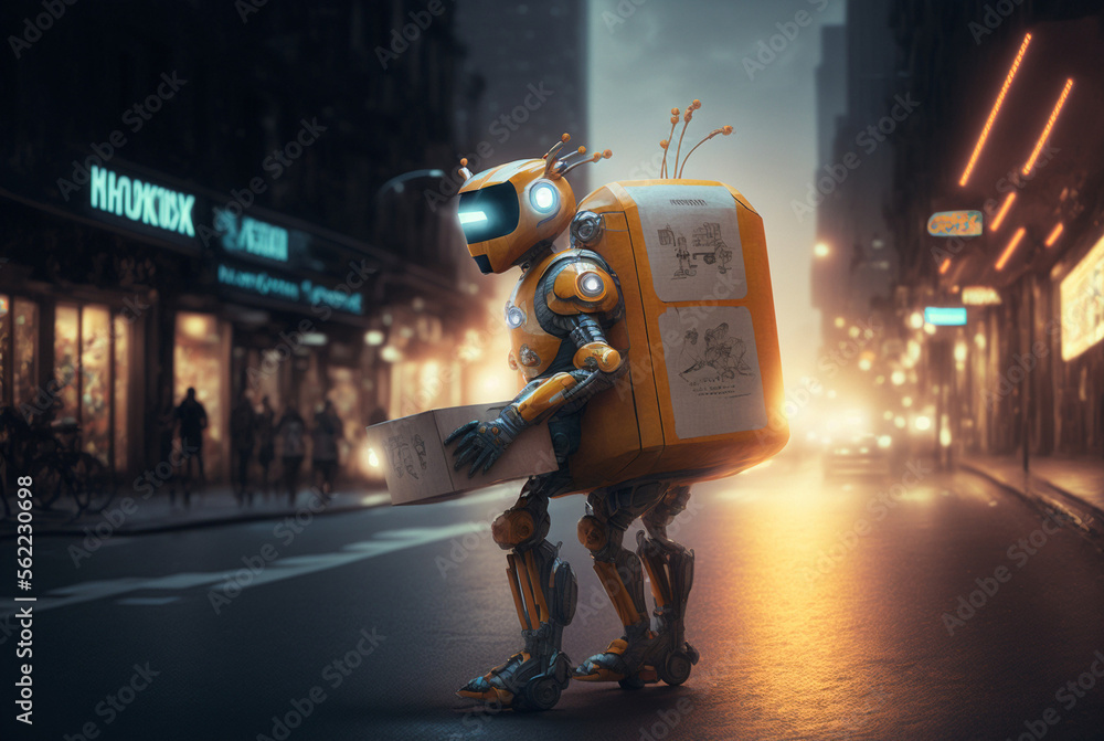 a cute little transport robot with wheels, humanoid robot with ...