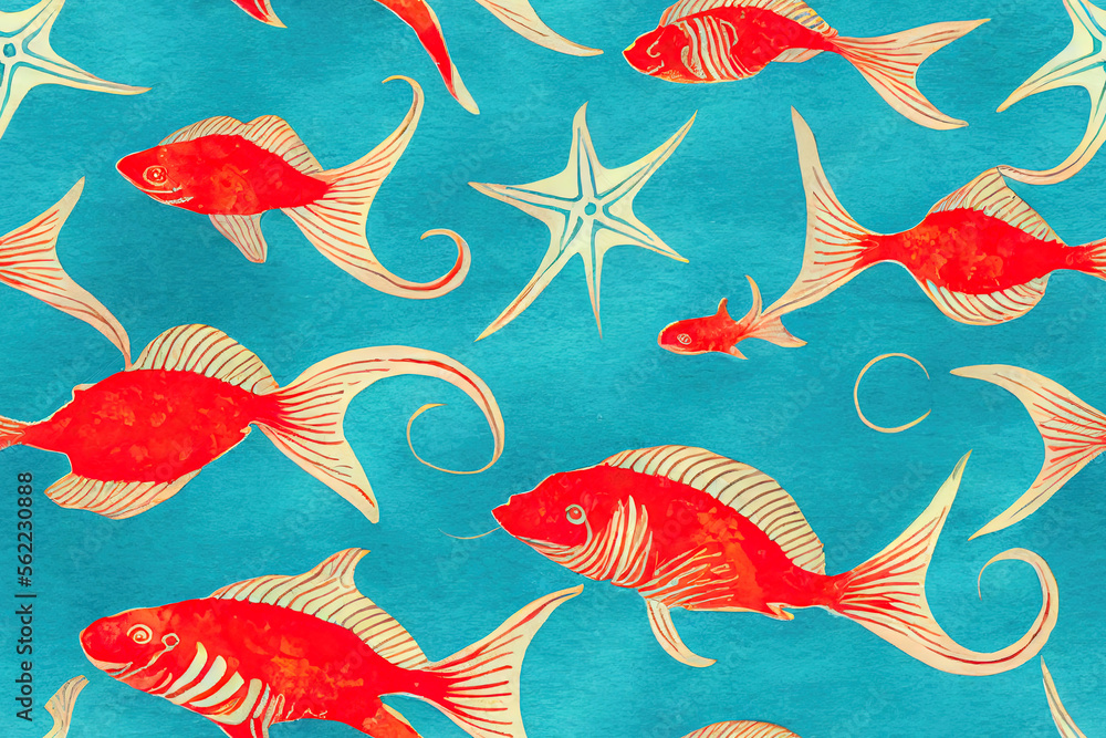 Seamless maritime watercolor border. Ornate design of fish and corals ...