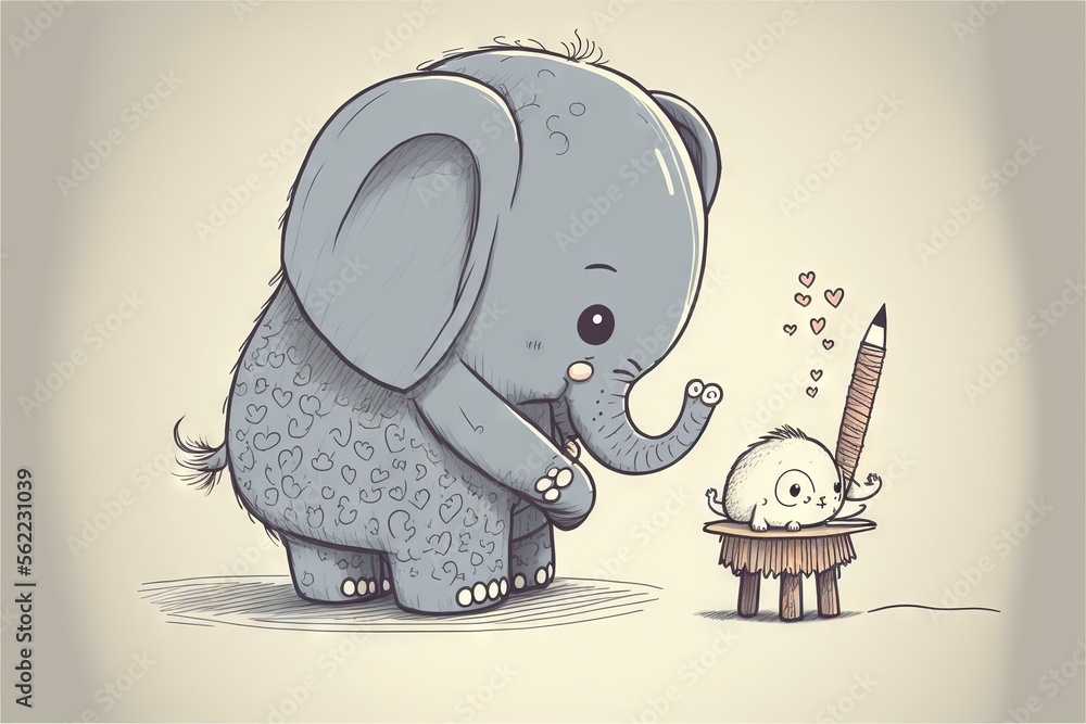 a drawing of an elephant and a baby elephant in a room with a pencil in ...