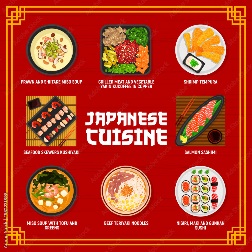 Japanese cuisine menu, Asian food dishes and meals, vector restaurant ...