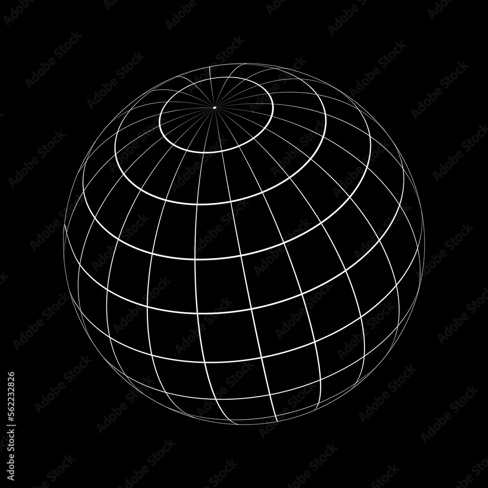 White 3D sphere wireframe isolated on black background. Orb model ...
