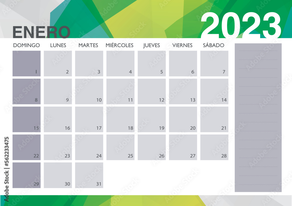 Calendario 2023 Español - Mes de Enero Stock Vector | Adobe Stock