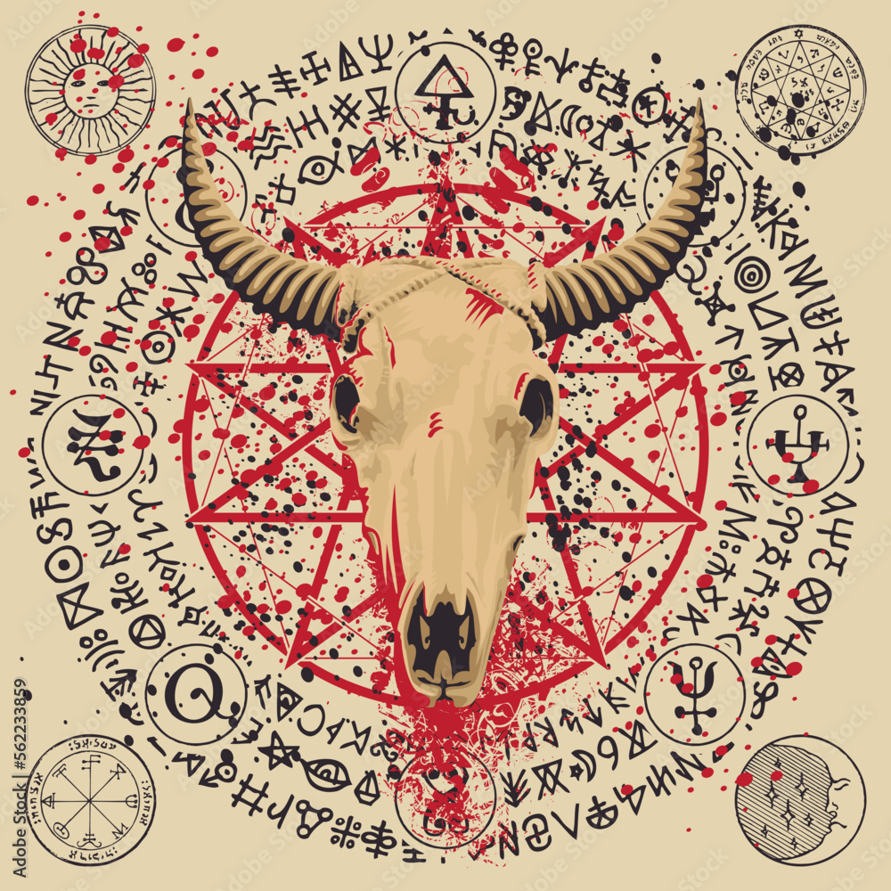 Vector illustration with a horned cow skull, pentagram, occult and ...