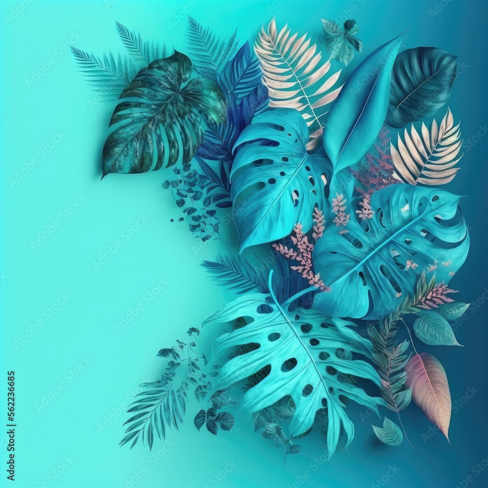 Collection of tropical leaves foliage plant in blue color background ...