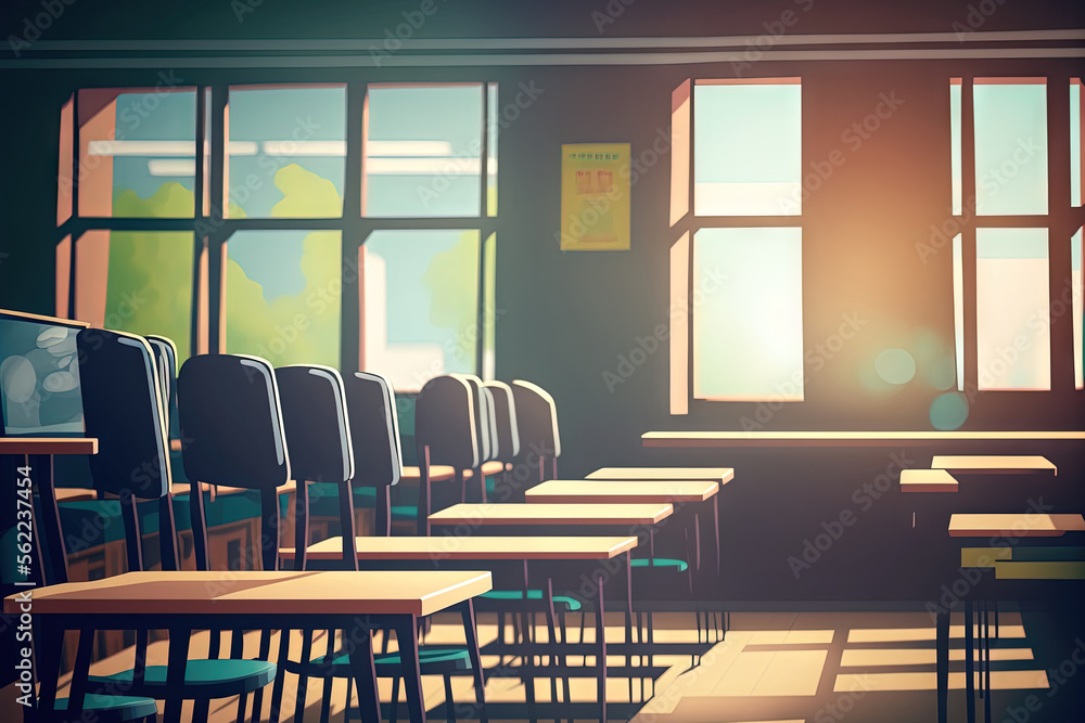 School classroom in blur background without young student; Blurry view ...